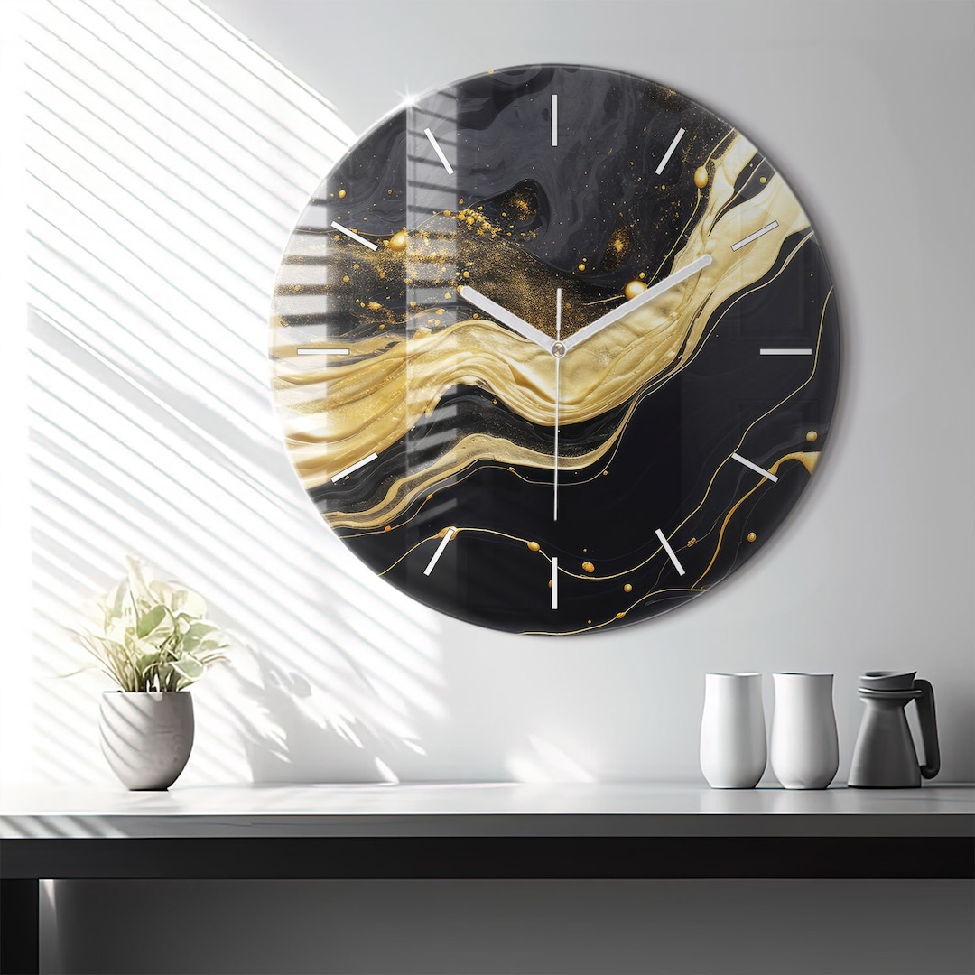 Golden Marble Glass Clock, Golden Modern Wall Clock, Unique Wall Clock ...