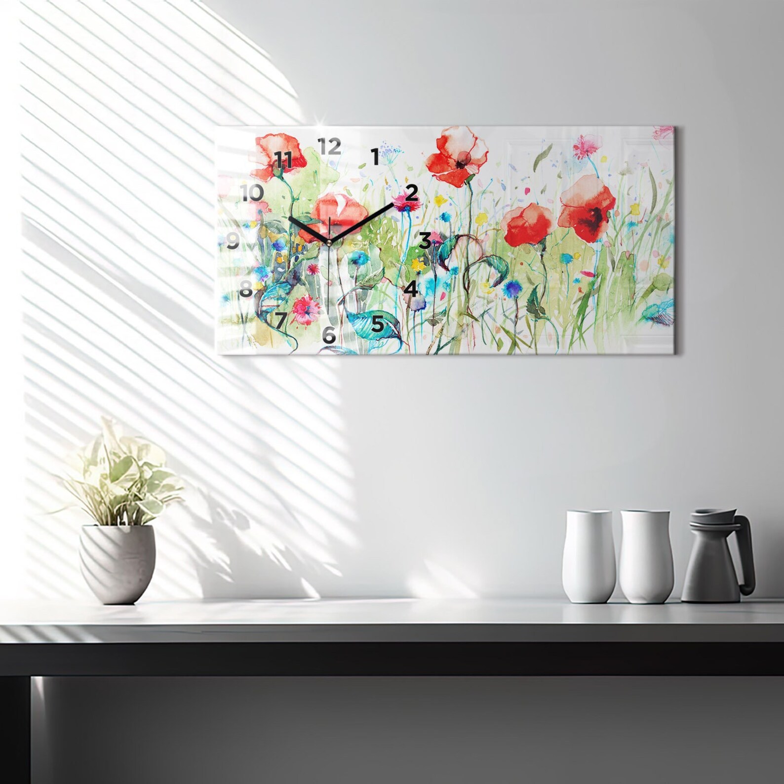 Poppies in the Meadow Glass Clock, Multicolor Modern Wall Clock, Unique ...