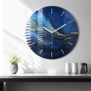 Blue Marble Glass Clock, Blue Modern Wall Clock, Unique Wall Clock ...