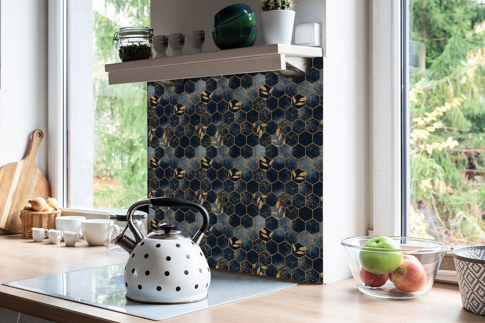 Leaves and Hexagons Vinyl Tiles Blue Vinyl Wall Panels Gold - Etsy