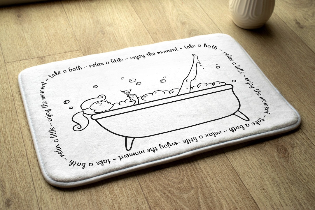 Cartoon Pattern, White, Relaxing in A Bathtub, Small Mat, Modern ...