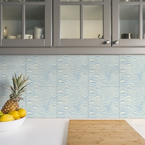 Abstract Waves Vinyl Tiles, Blue Vinyl Tiles Flooring, Beige Vinyl Wall ...