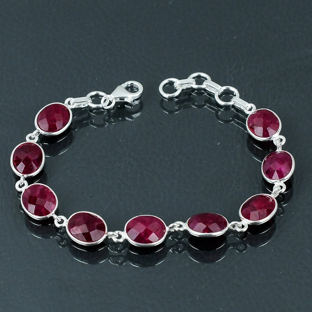 Faceted Ruby Gemstone Bracelet, Solid 925 Sterling Silver Bracelet, Handmade Bracelet ...
