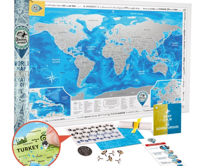 Scratch off World Map SILVER Award Winning 34.7x24.4'' Travel Map W ...
