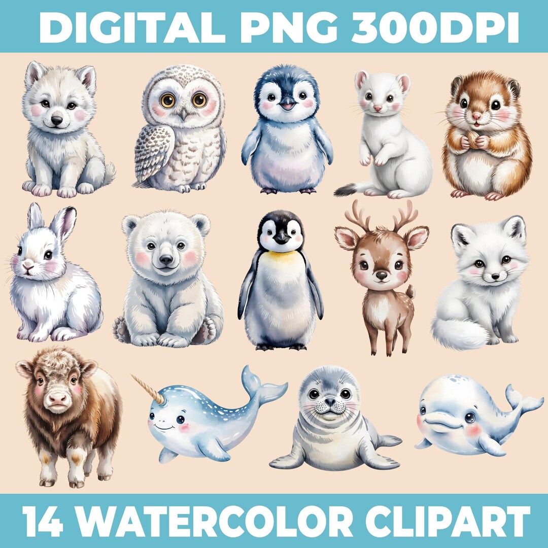 Watercolor Arctic Animals Clipart Pack 14 High Resolution Winter ...