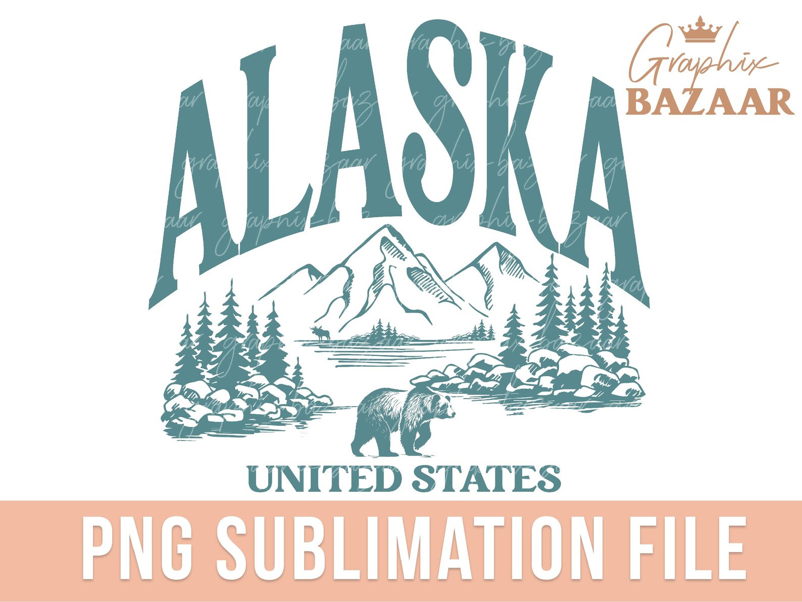 Alaska PNG Teal Alaska State Sublimation SVG Design Mountains and Trees ...