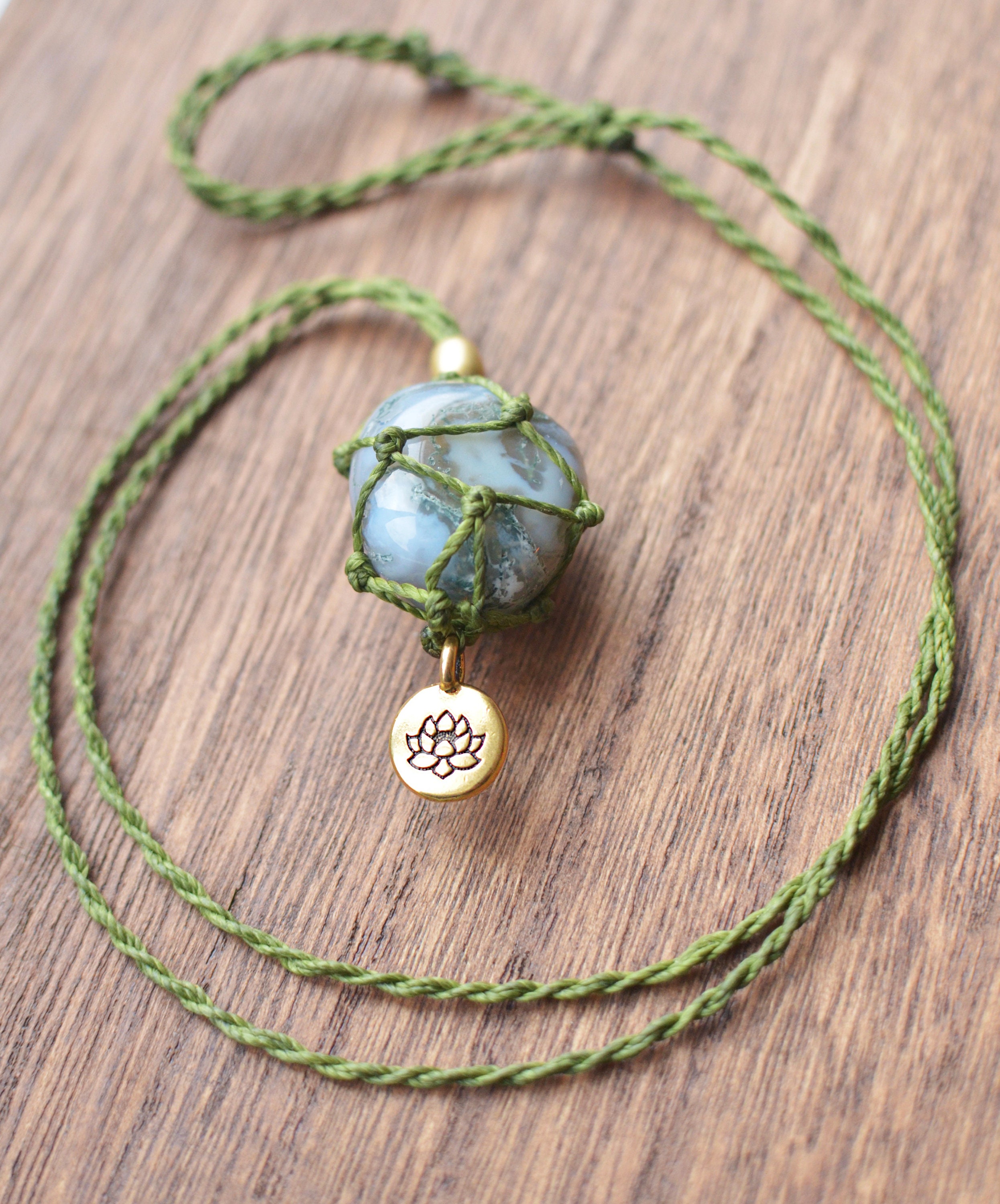 Macrame Stone Holder Necklace with Moss Agate and Lotus | Etsy