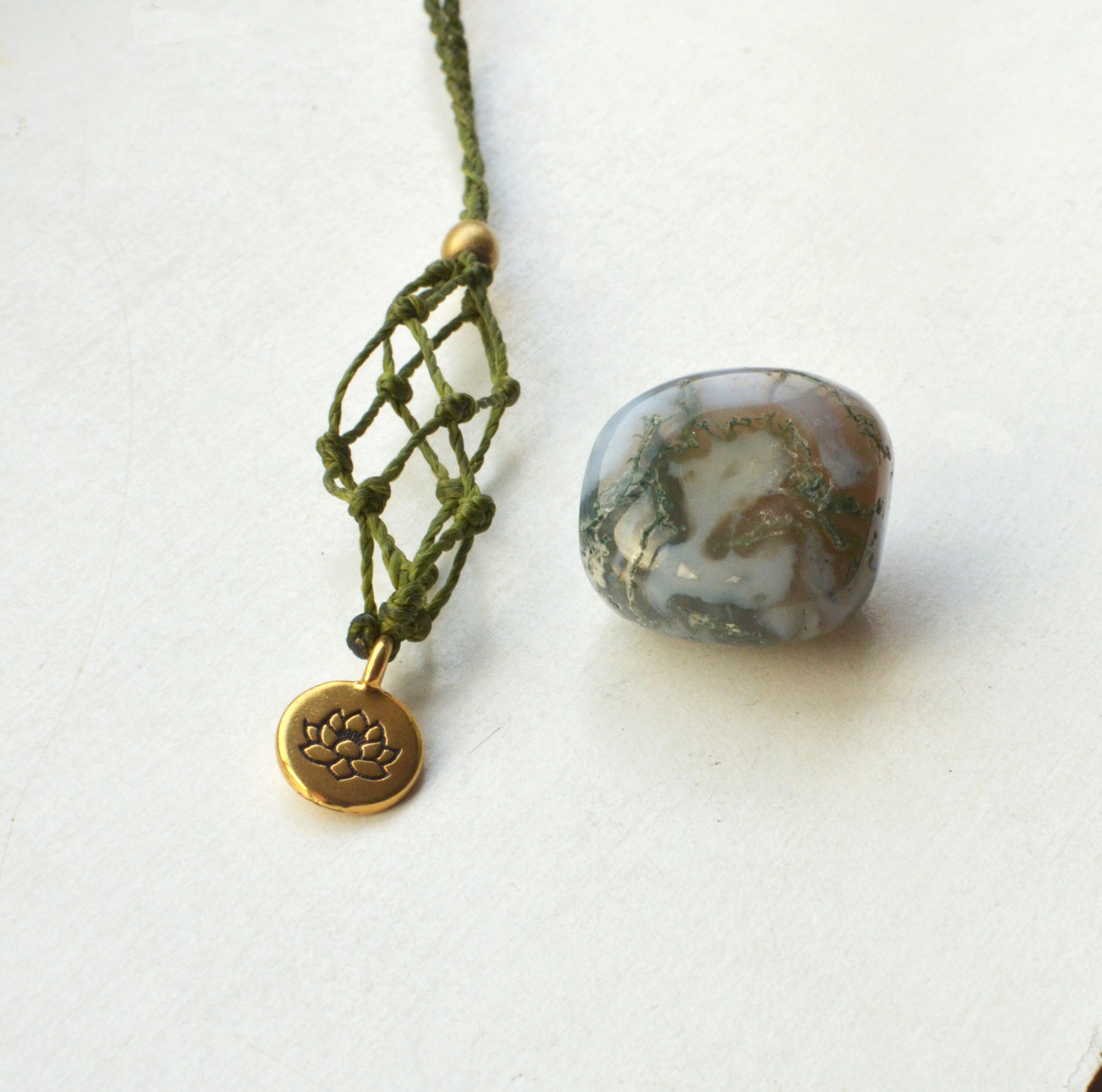 Macrame Stone Holder Necklace with Moss Agate and Lotus | Etsy
