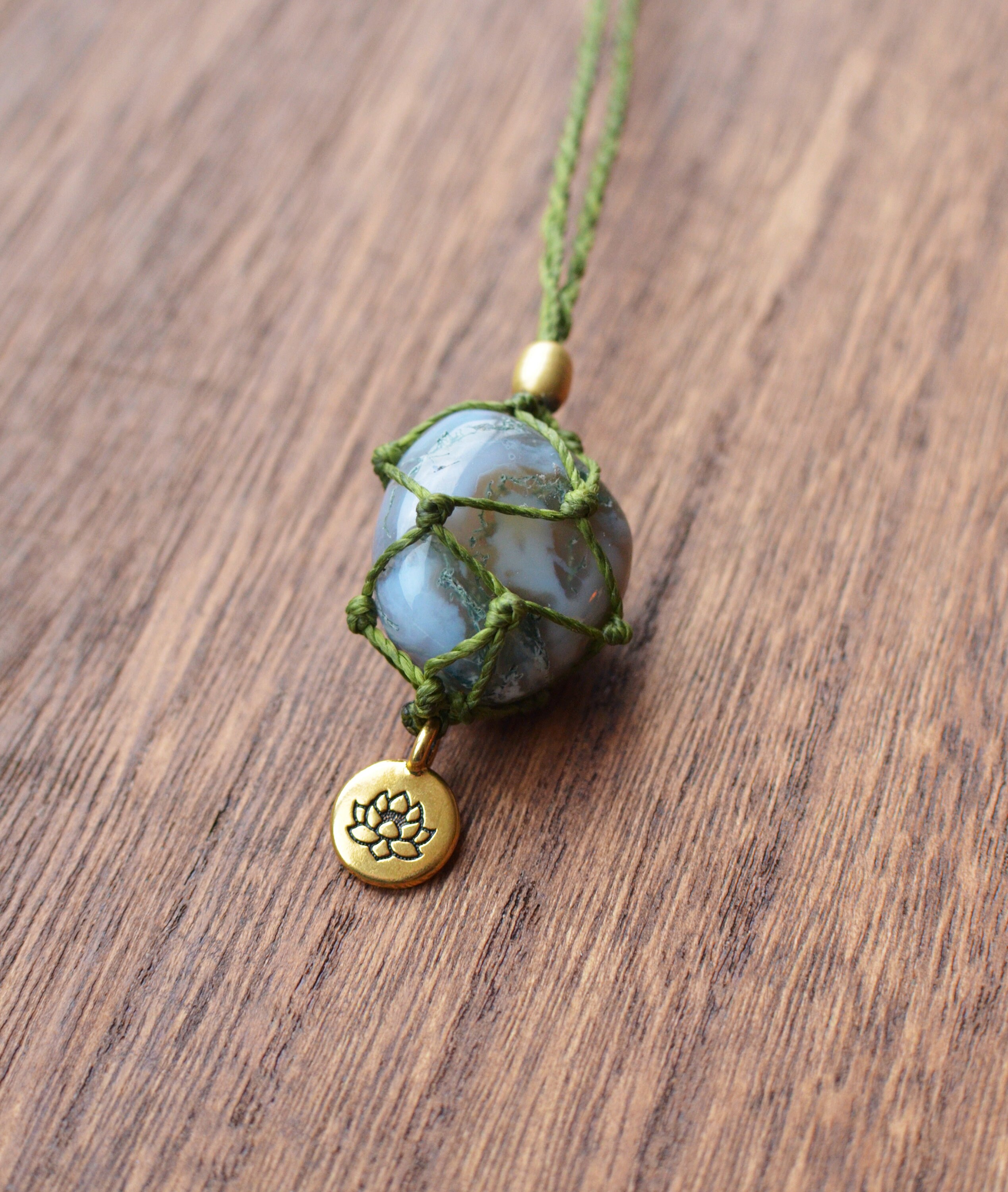 Macrame Stone Holder Necklace with Moss Agate and Lotus | Etsy