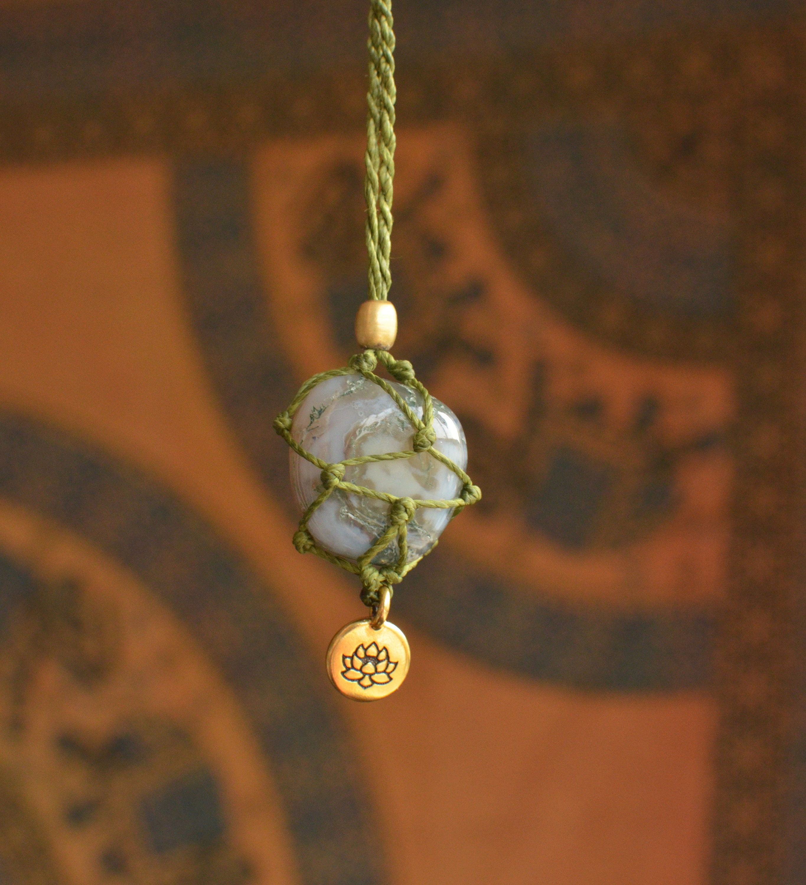 Macrame Stone Holder Necklace with Moss Agate and Lotus | Etsy