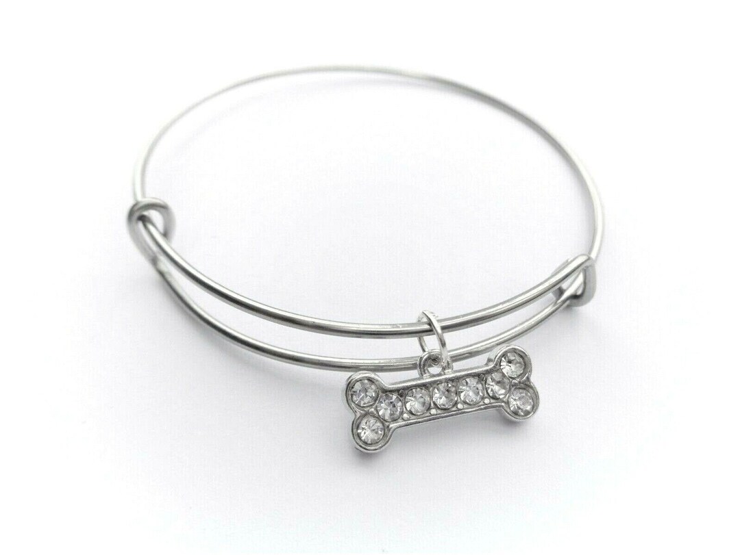 SILVER DOG BONE Stainless Steel Diamante Floating Charm Bangle ...