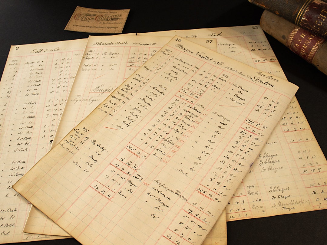 Antique Ledger Pages From 1897 to 1905 From an English Wine Merchant, 6 ...