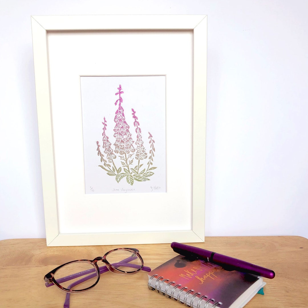 Original Lino Cut Block Printed Hand Printed Floral Foxgloves June ...