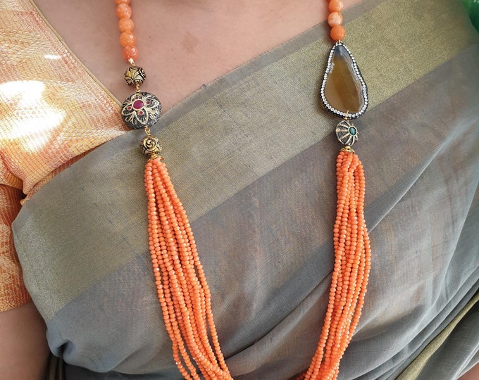 Red Orange Gold Long Malla Rani Haar Necklace Earrings Tikka Set Mehndi ...