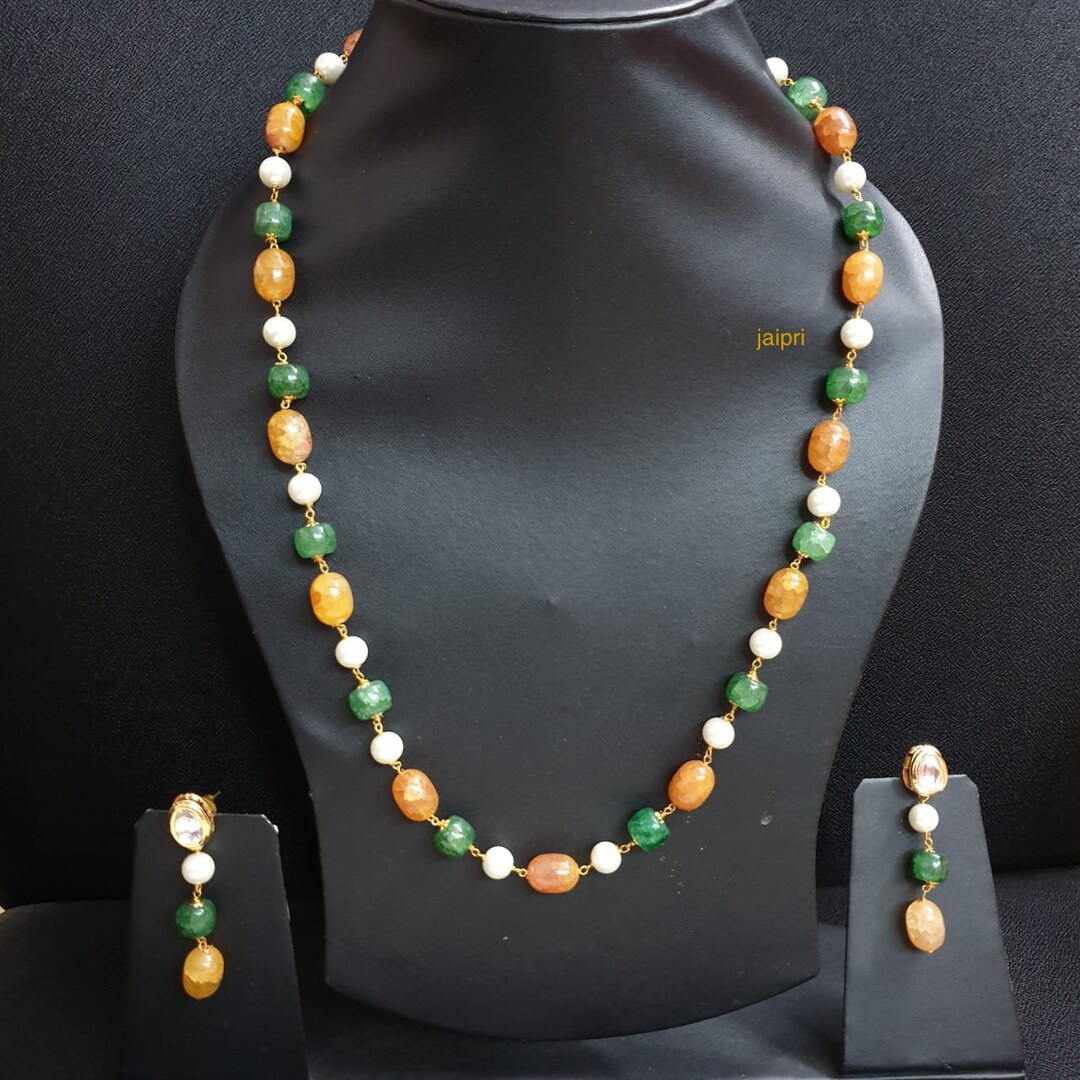 Orange and Green Onyx Pearl Mala Necklace, Indian Necklace, Beaded Mala ...