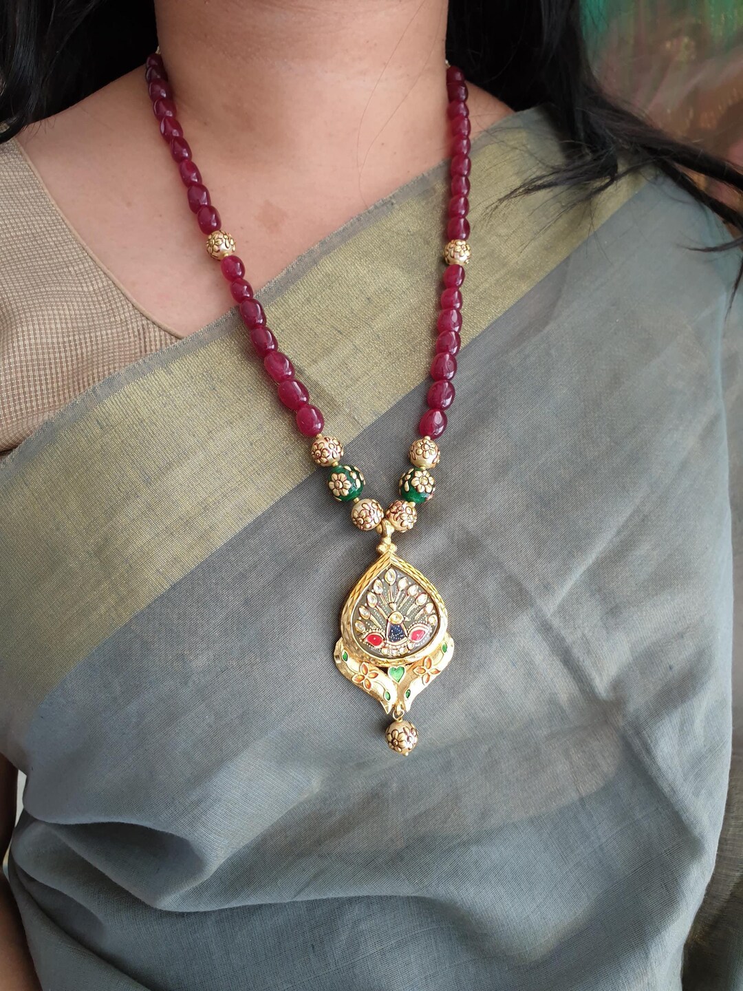 Gold Ruby Red Pendant Set, Indian Jewelry, Indian Tanjore Necklace ...