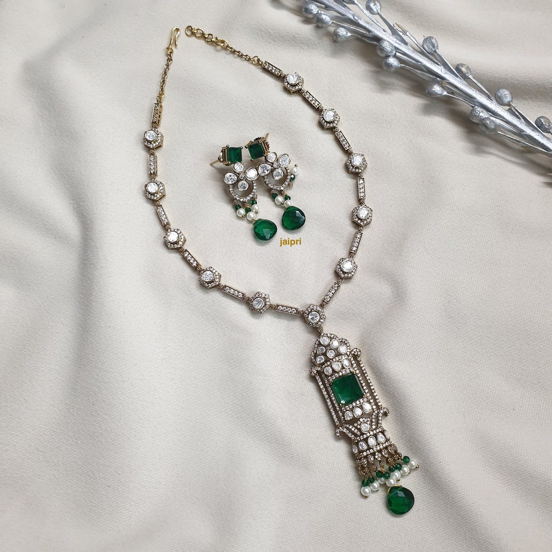 Emerald Stone Kundan Delicate Chain Necklace Set, Wedding Jewelry ...