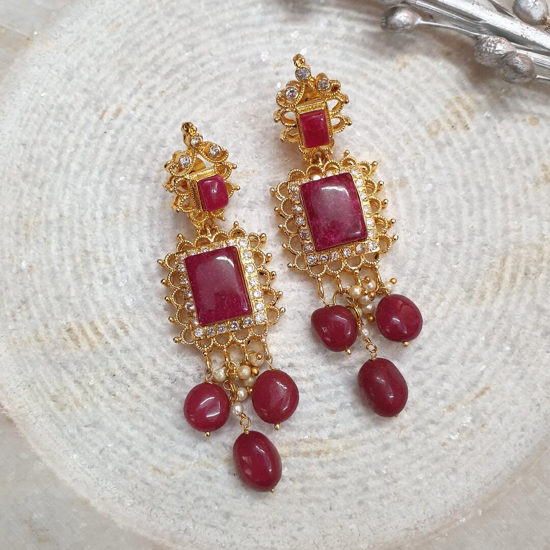 Red Stone Gold Tone Earrings, Indian Earrings, Wedding Earrings ...
