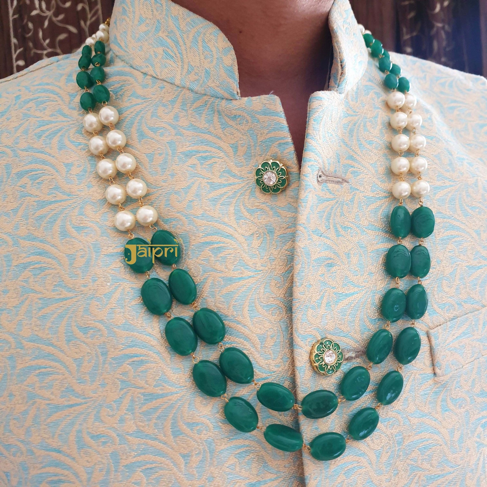 Emerald Pearl Mala Groom, Green Pearl Indian Groom Necklace, Two Strand ...