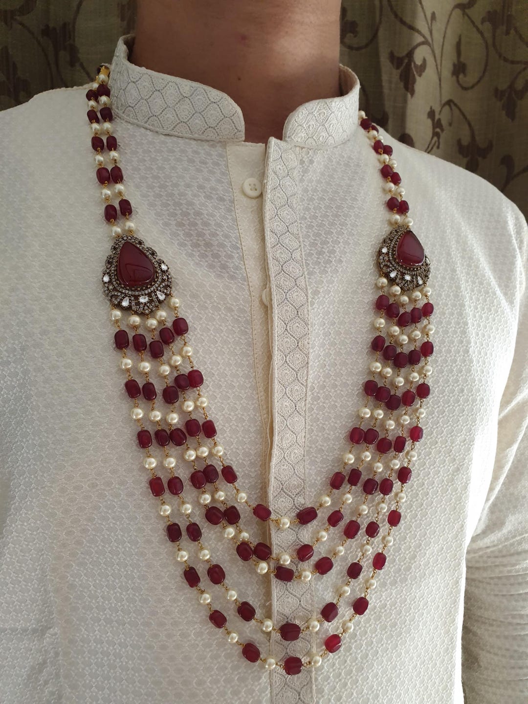 Pearl Maroon Necklace for Groom, Sherwani Necklace, Men Necklace, Five ...