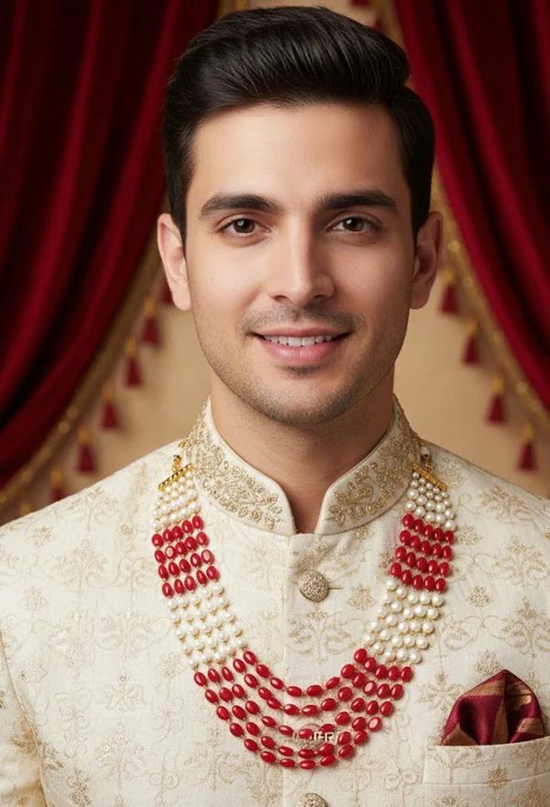 Ruby Red Pearl Groom Necklace: Indian Wedding Sherwani Jewelry - Etsy
