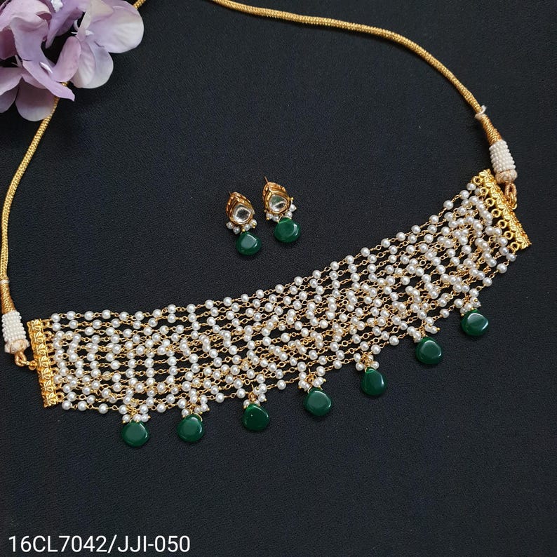 Green Stone Choker Necklace, Gold Plated Layered Beaded Choker ...