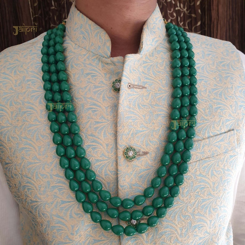 Green Mala for Groom, 3 Layer Emerald Bead Indian Groom Necklace, Nehru ...