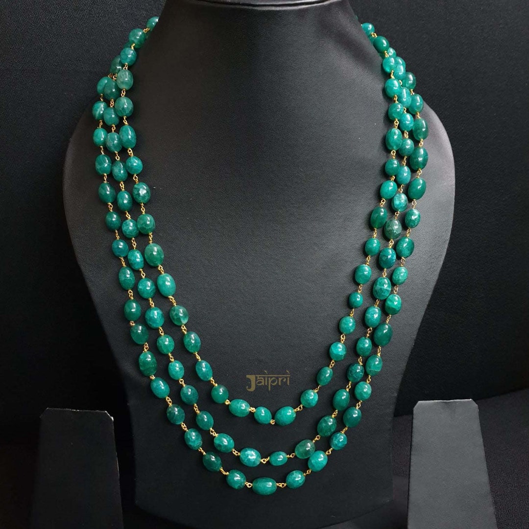 Emerald Green Color Stone Beads Long Necklace, India Jewelry, Bollywood ...