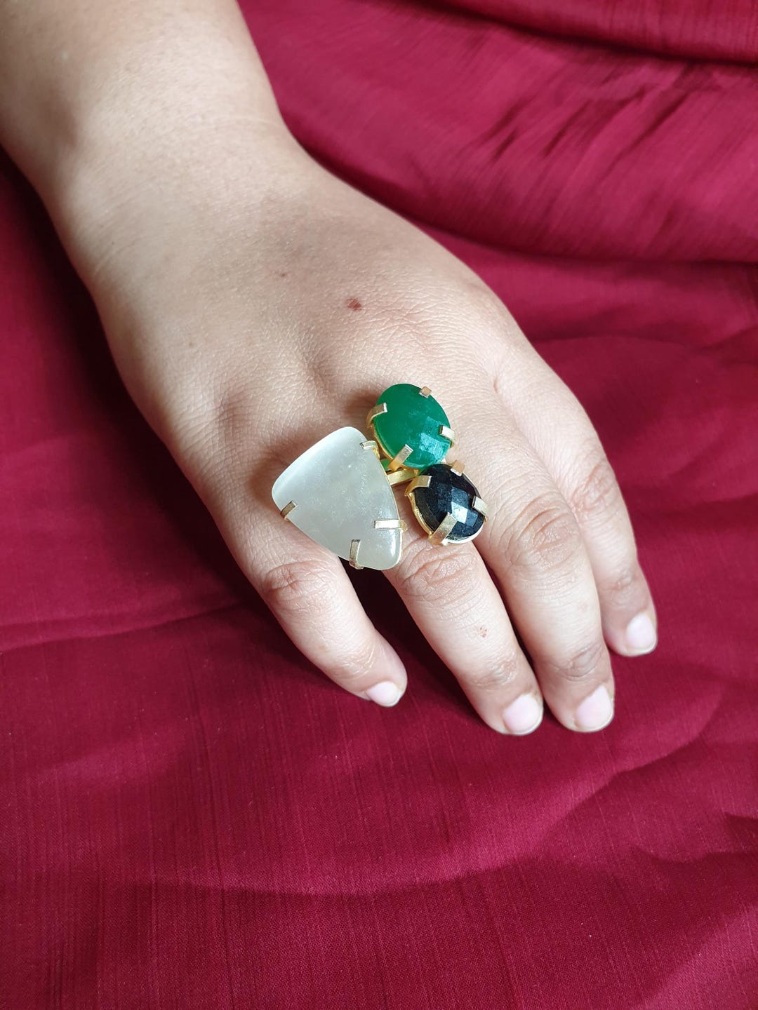 Trio Stone Adjustable Ring, Statement Ring, Sabyasachi Gold Tone Ring ...