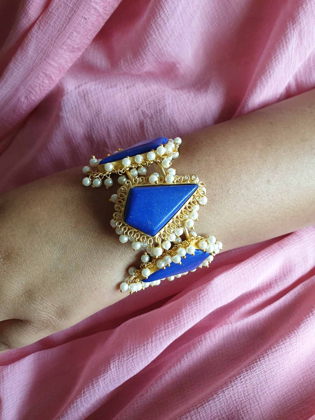 Ethnic Blue Stone Openable Handcuff Bracelet-handmade Brass Adjustable ...