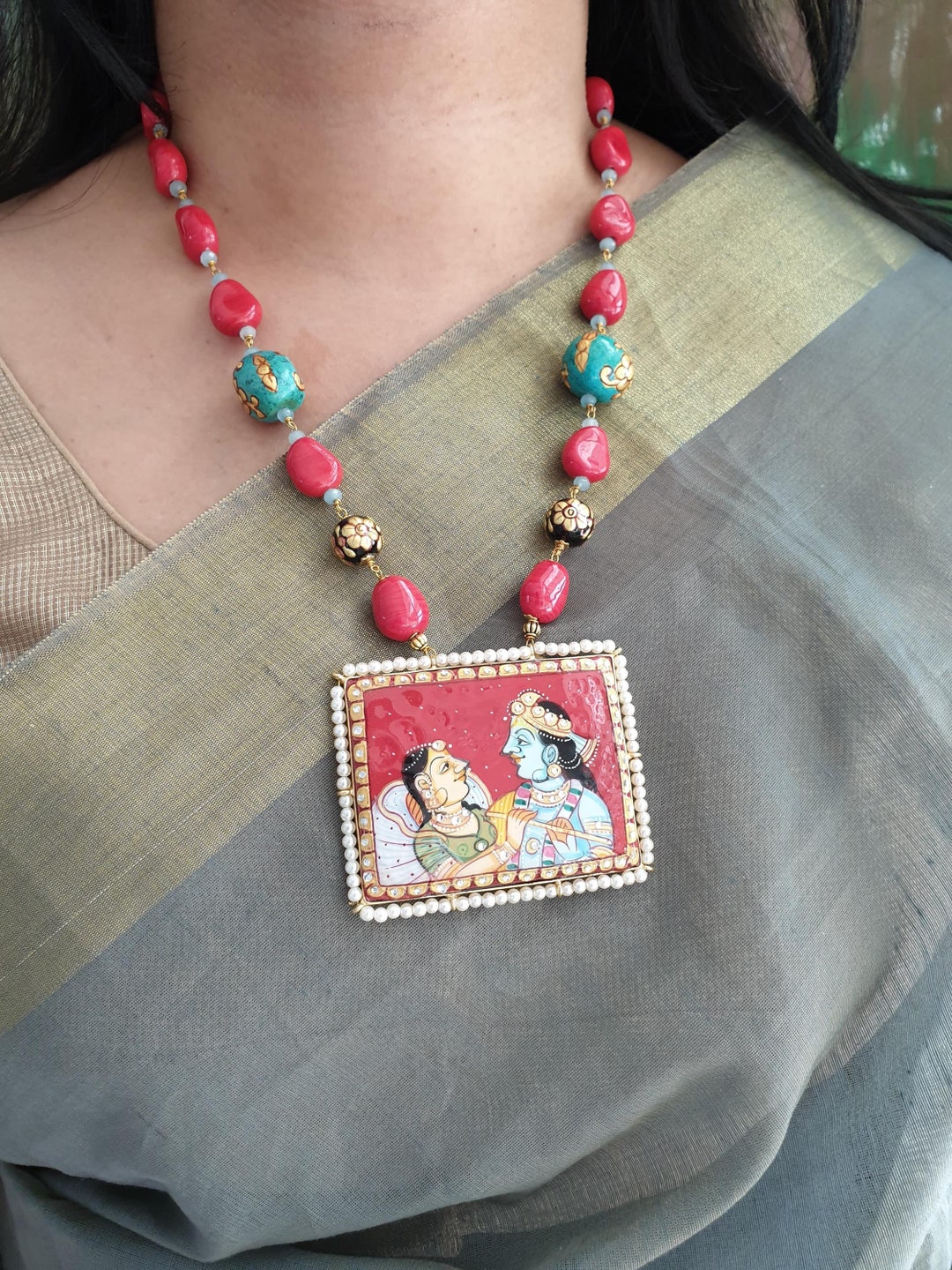 Red Beaded Radha Krishna Necklace, Indian Religious Jewelry, Long ...