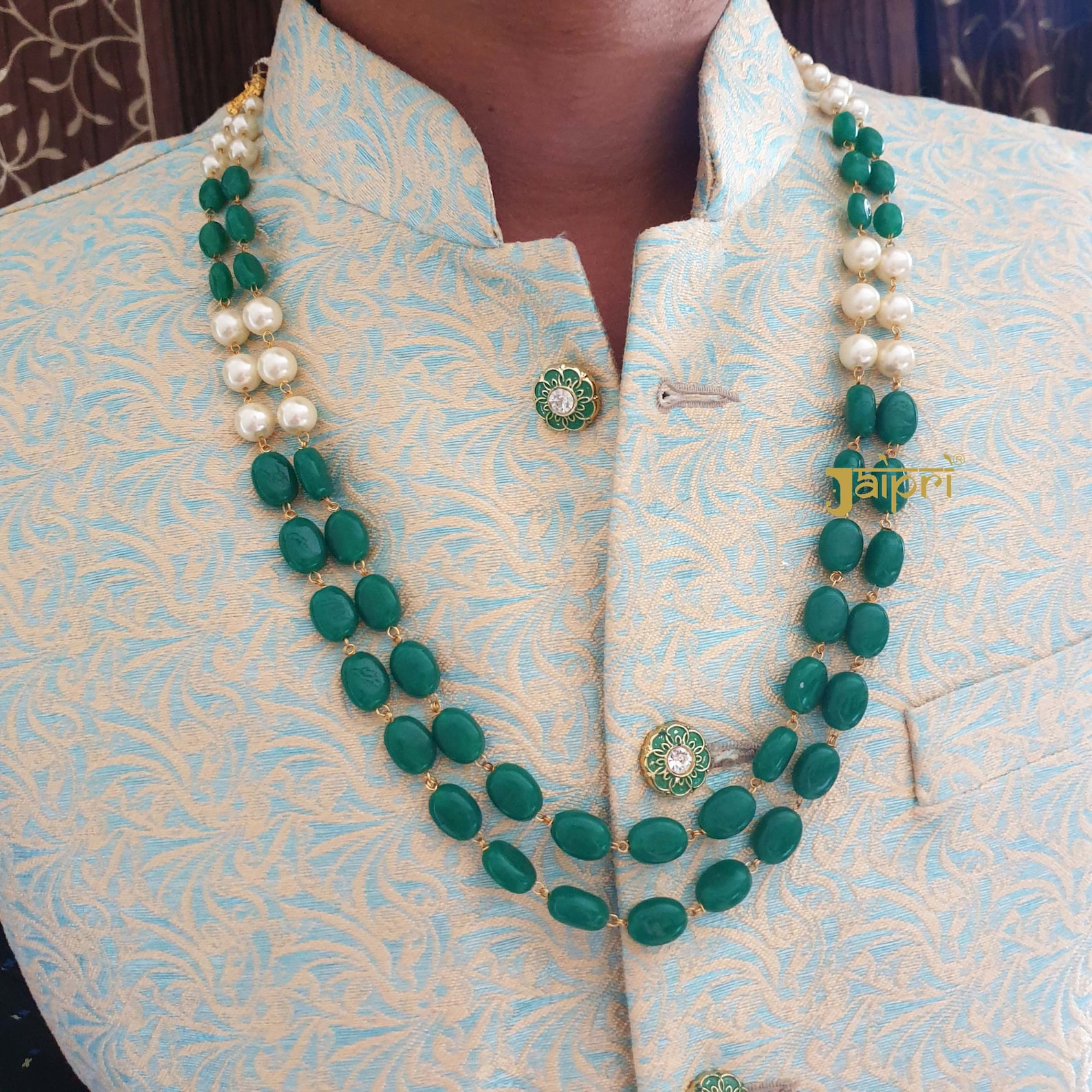 Emerald Pearl Mala Groom, Green Pearl Indian Groom Necklace, Two Strand ...