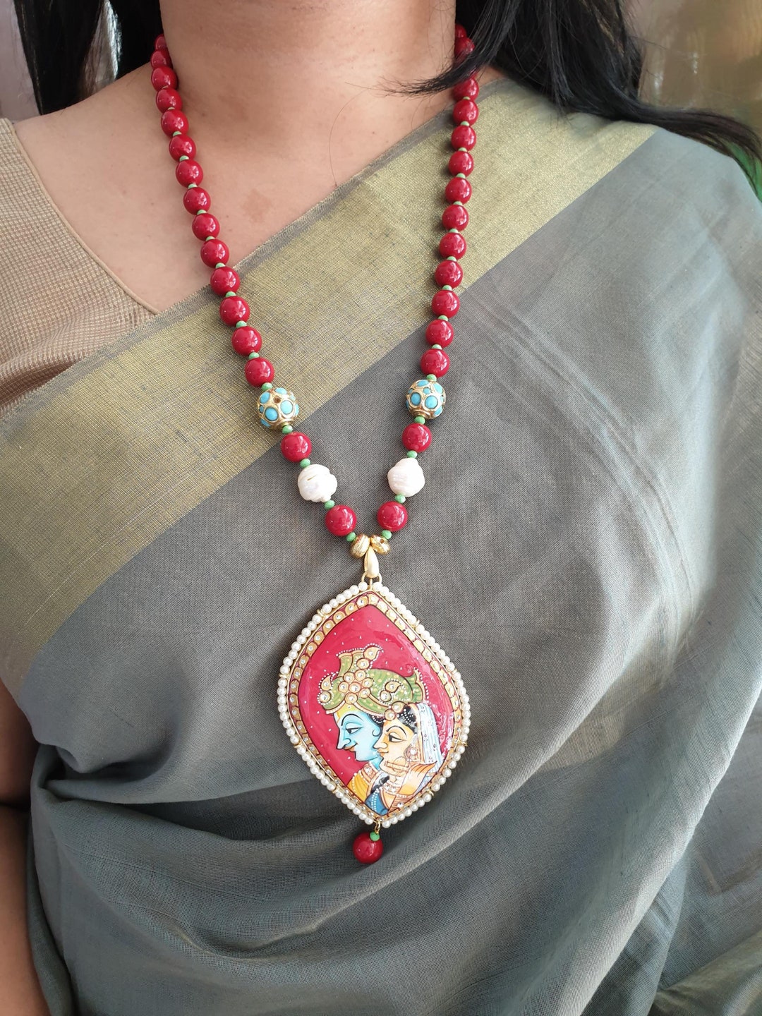 Red Handpainted Radha Krishna Necklace, Indian Religious Jewelry, Long ...