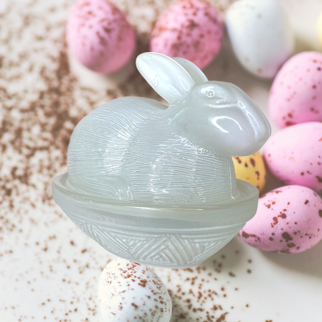 Vintage White Glass Rabbit Nesting Candy Trinket Dish, White Glass ...