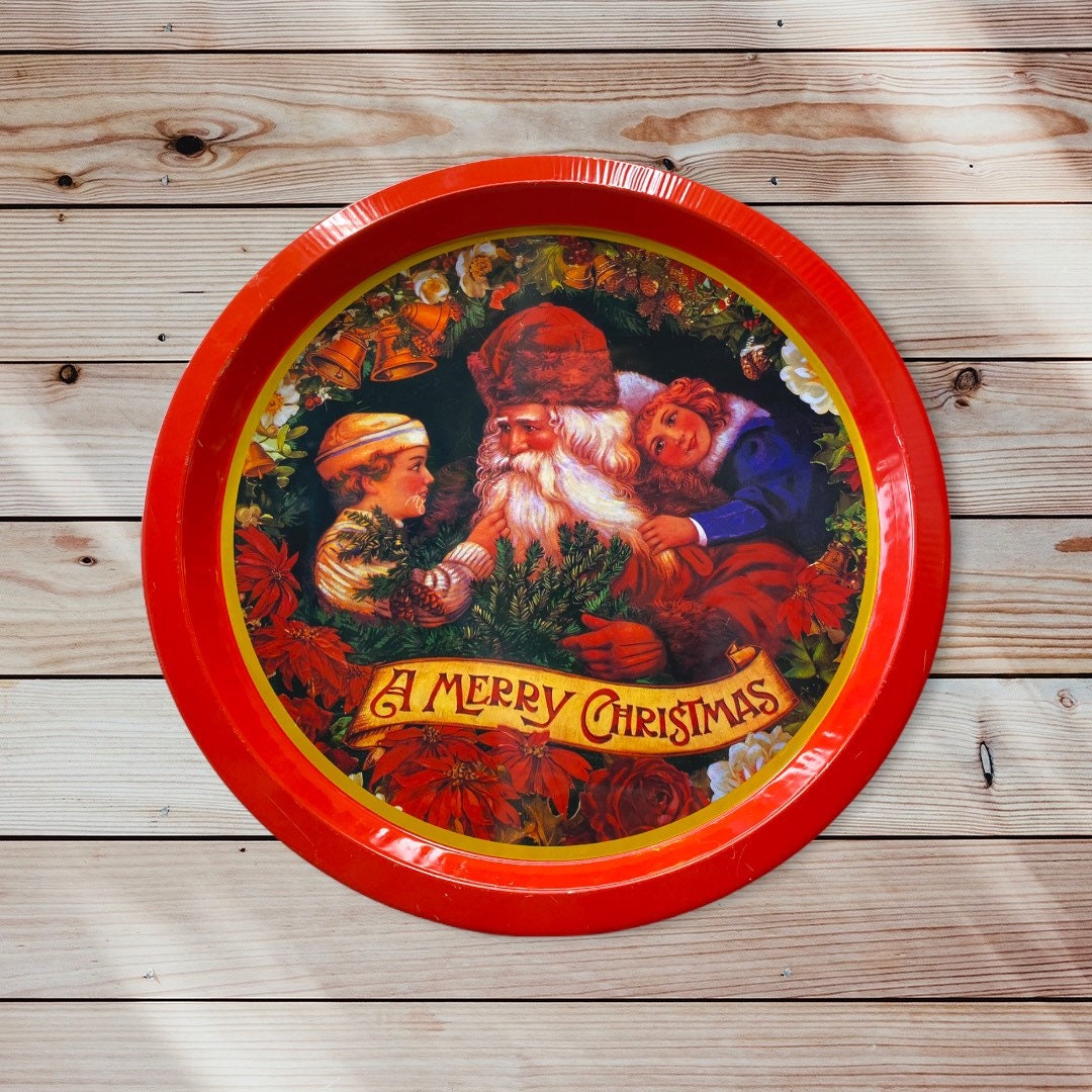 Vintage A Merry Christmas Metal Plate, Vintage Christmas Plate, Vintage ...