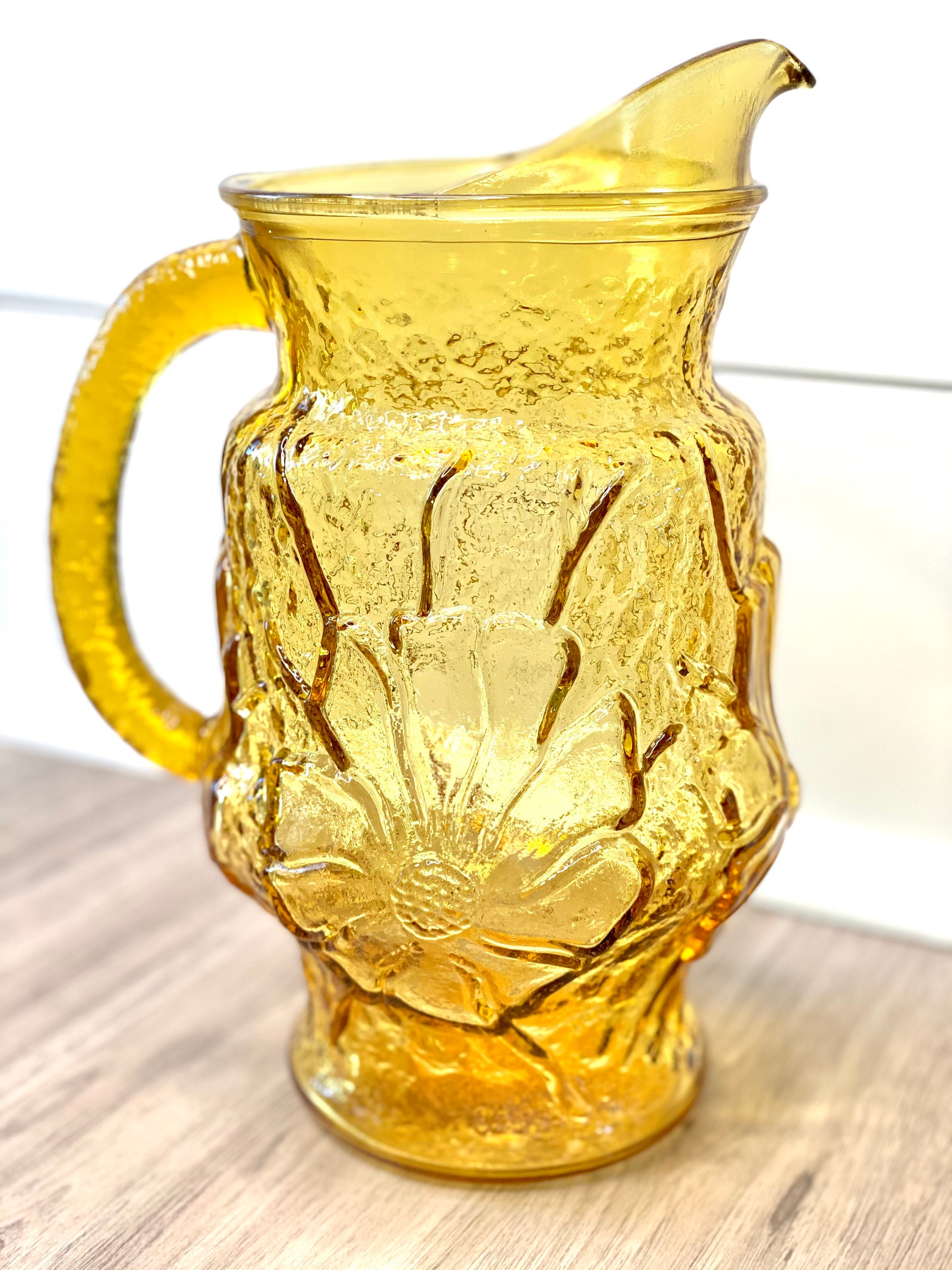 Vintage Anchor Hocking Yellow Rain Flower Glass Pitcher | Etsy
