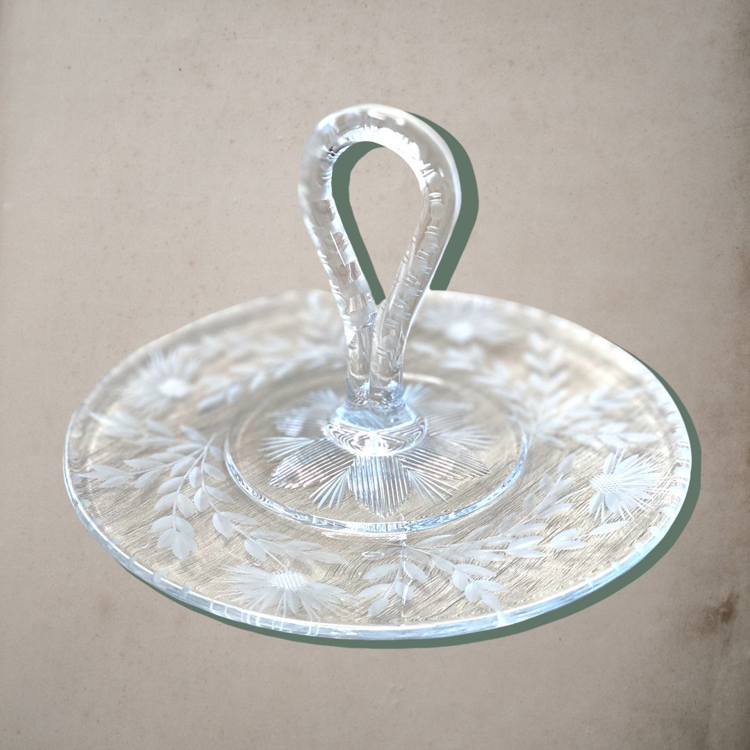 Vintage Etched Glass Server, Vintage Etched Glass Sweets Server ...