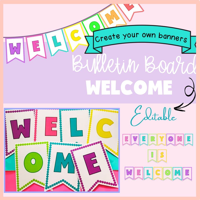 Bright Banner Rainbow Bunting Letters & Welcome Banner Sign Editable ...