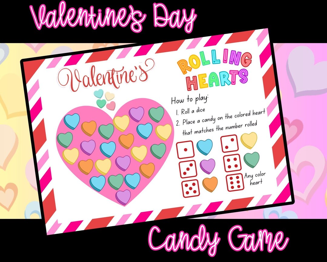Valentine's Day Candy Game, Printable Rolling Hearts Valentine Games ...