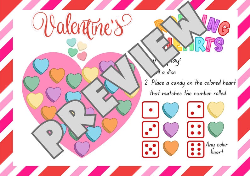 Valentine's Day Candy Game, Printable Rolling Hearts Valentine Games ...