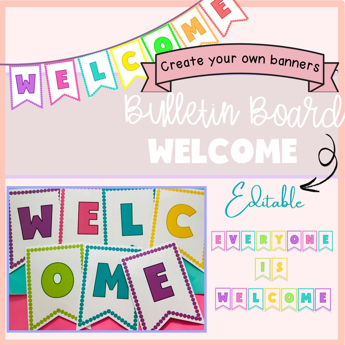 Bright Banner Rainbow Bunting Letters & Welcome Banner Sign Editable ...