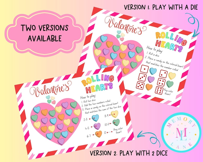 Valentine's Day Candy Game, Printable Rolling Hearts Valentine Games ...