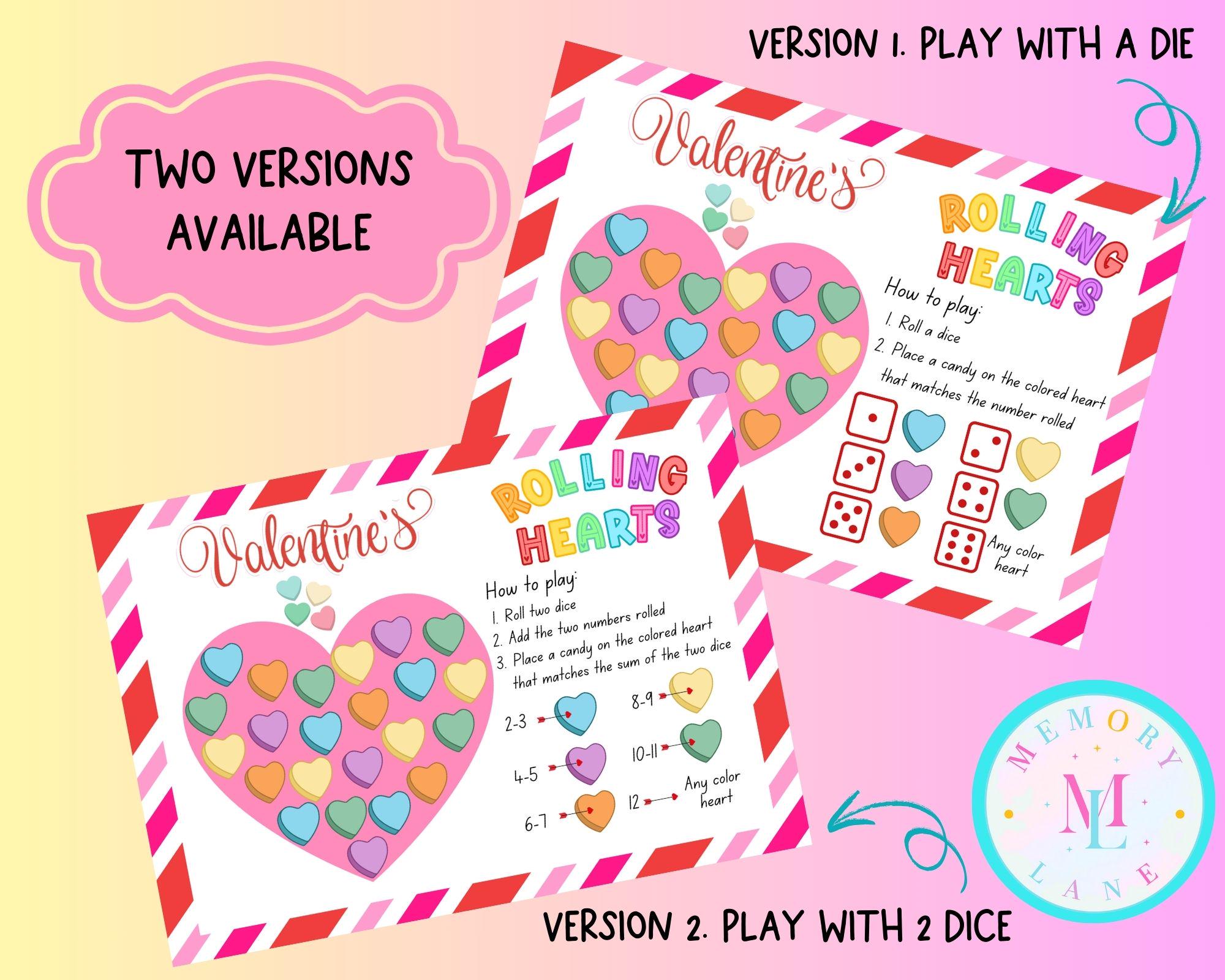 Valentine's Day Candy Game, Printable Rolling Hearts Valentine Games ...