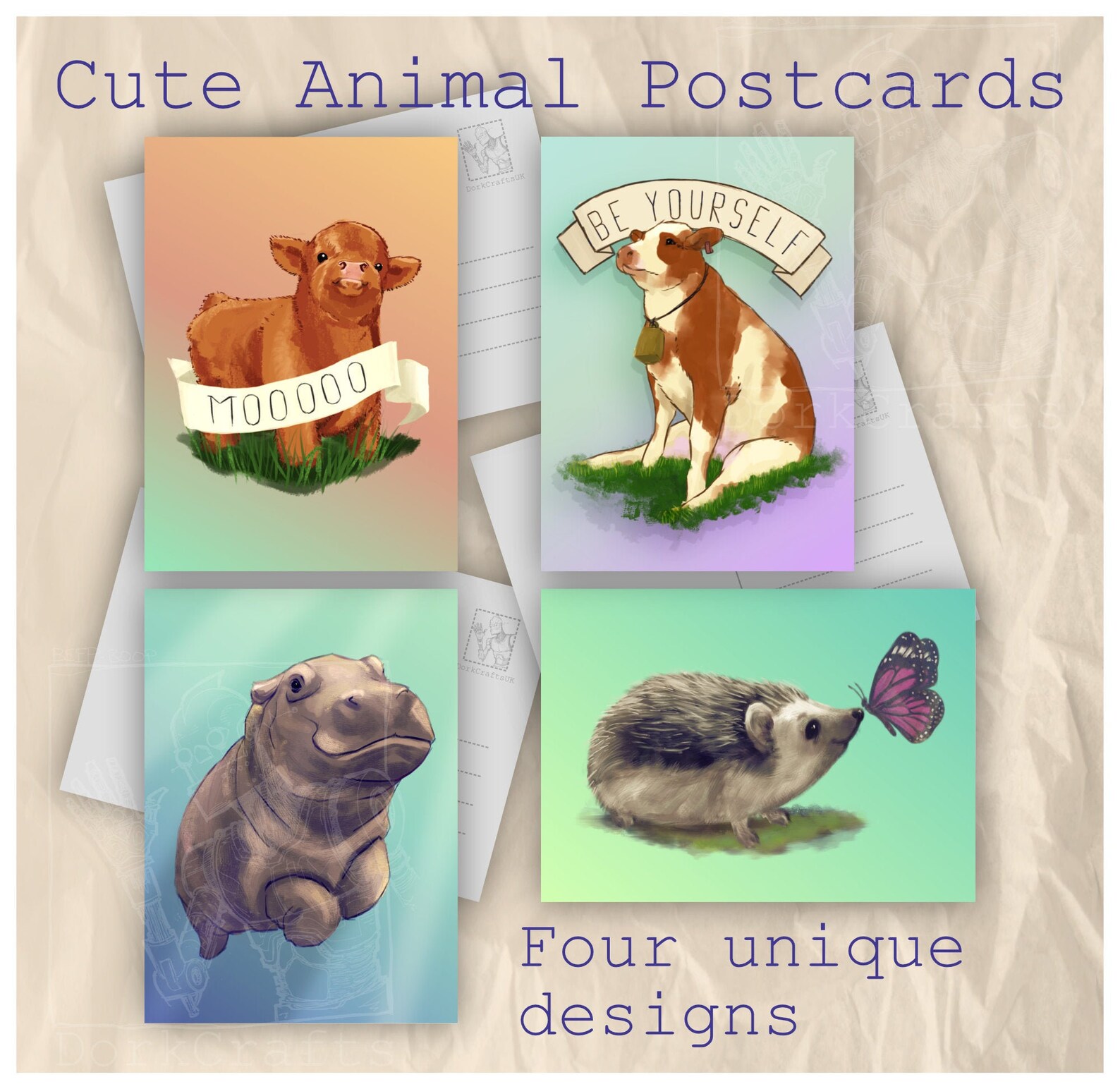 Illustrated Art Postcards Cute Animal Artwork Set of Four | Etsy