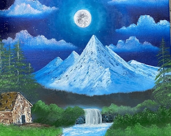 Full Moon Waterfall Canvas Print, Full Moon Canvas Art, Surreal ...