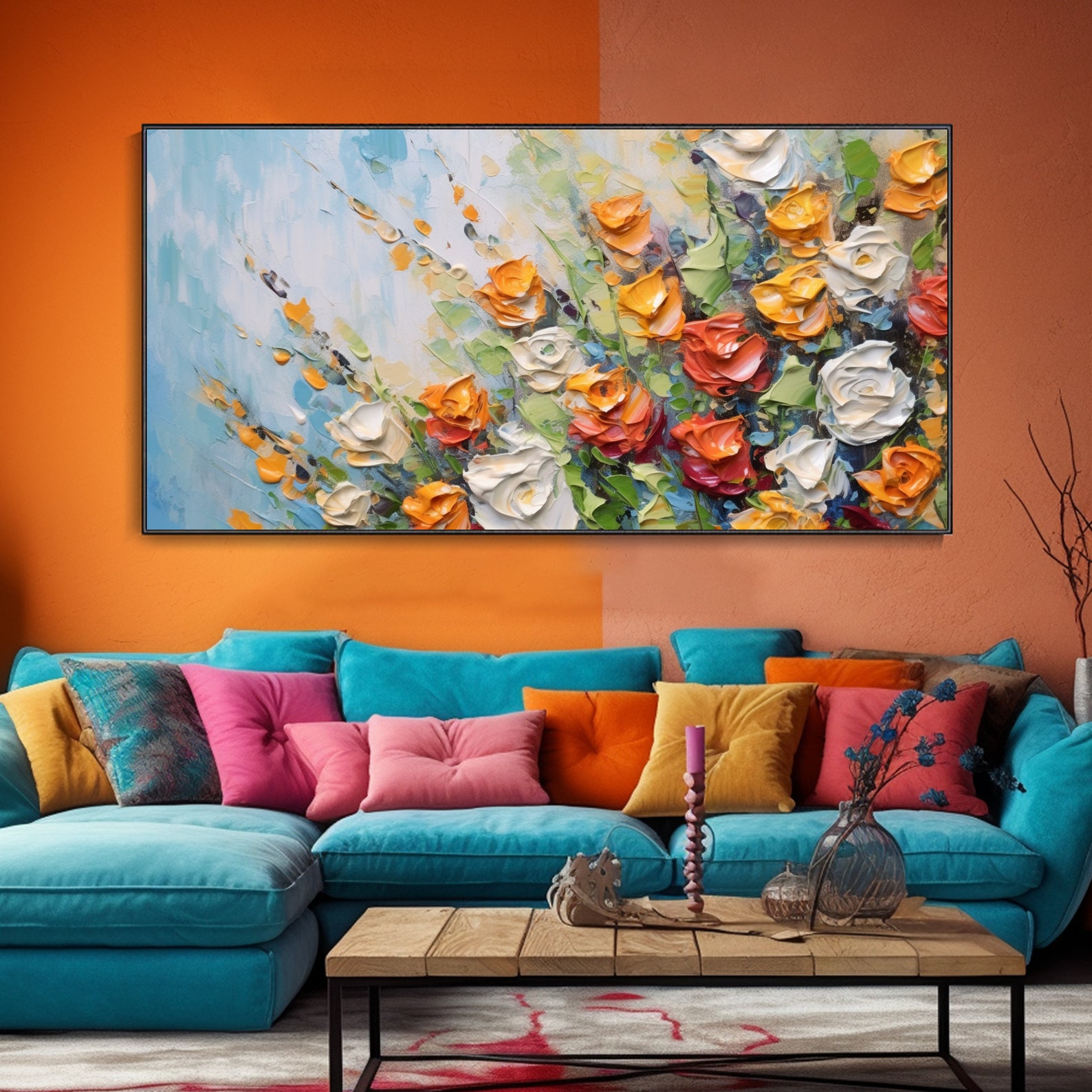 Large Floral Abstract Modern Oil Painting, Family or Guest Room Decor ...