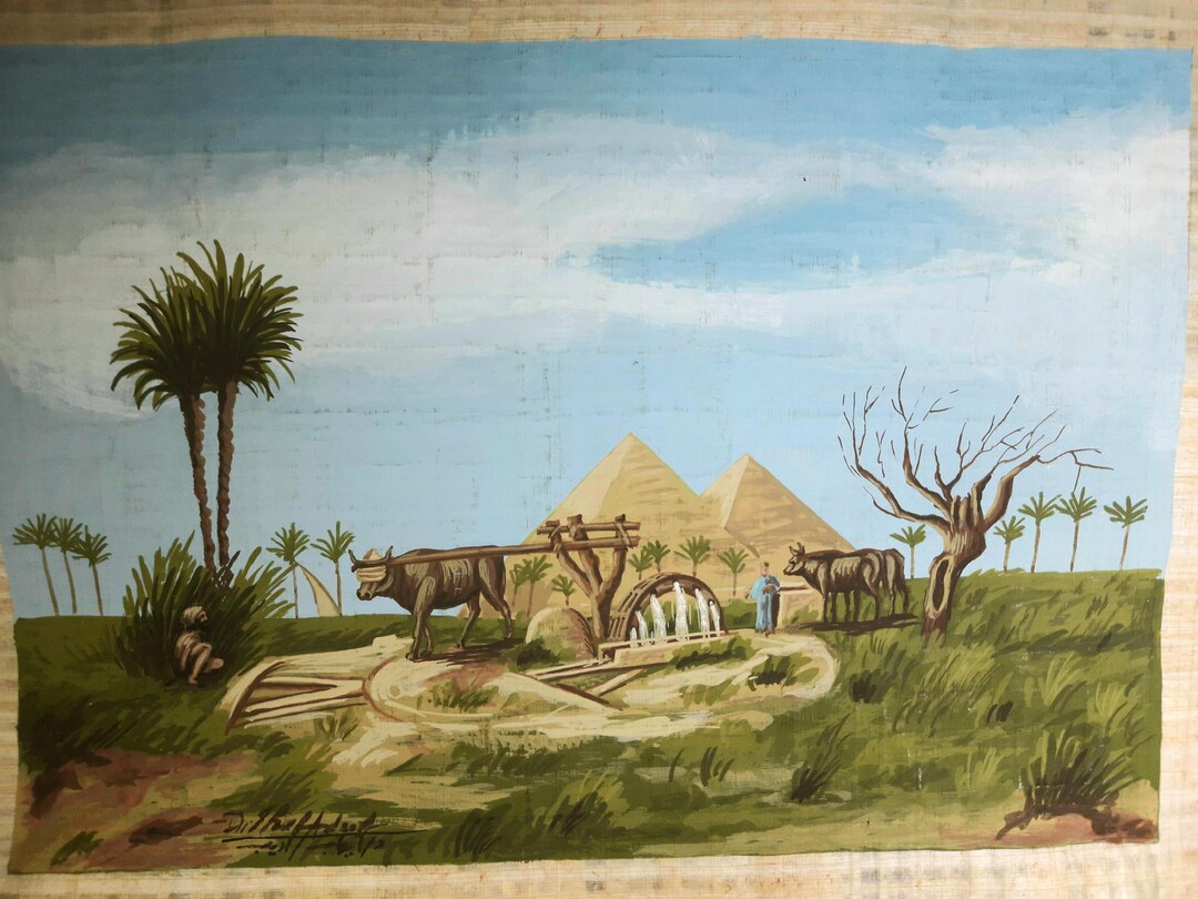 Egyptian Countryside Landscape Painting on Papyrus | Farmer & Cow Art ...