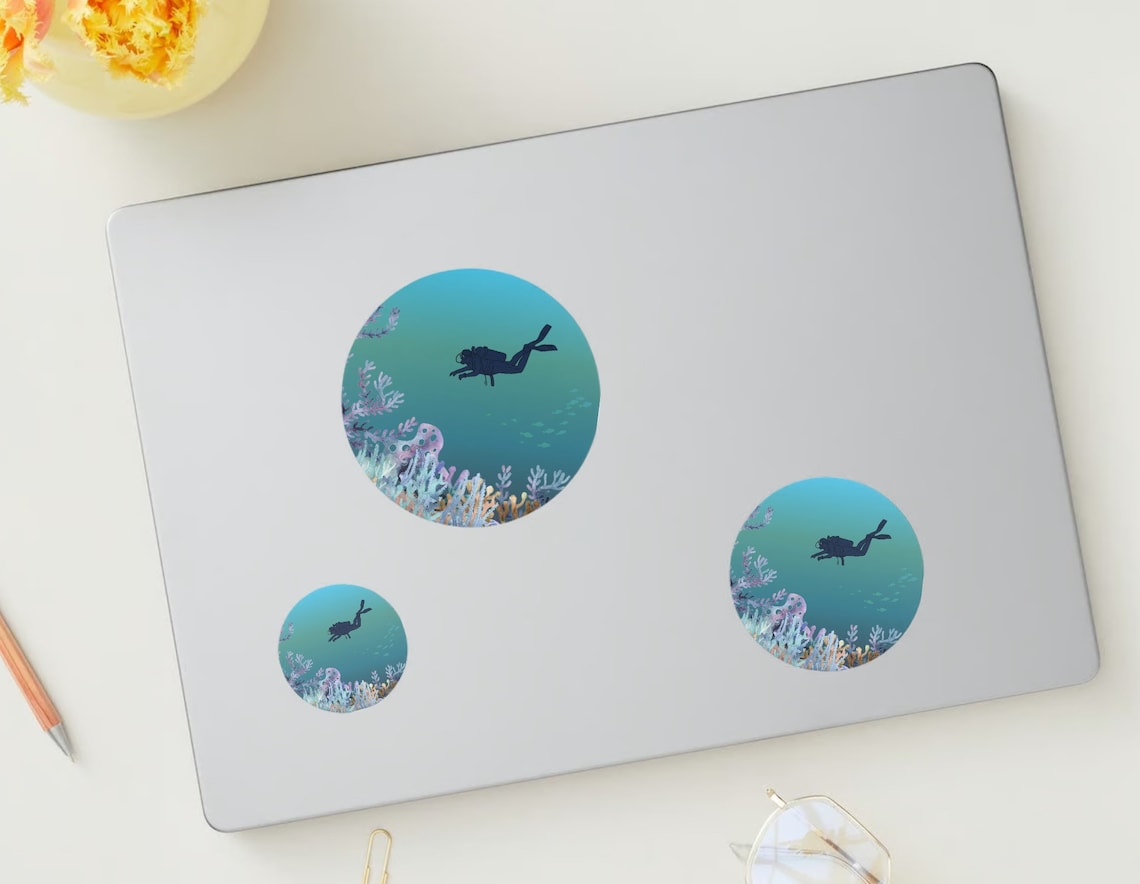 Underwater Scuba Diver Matte Circle Sticker - Etsy