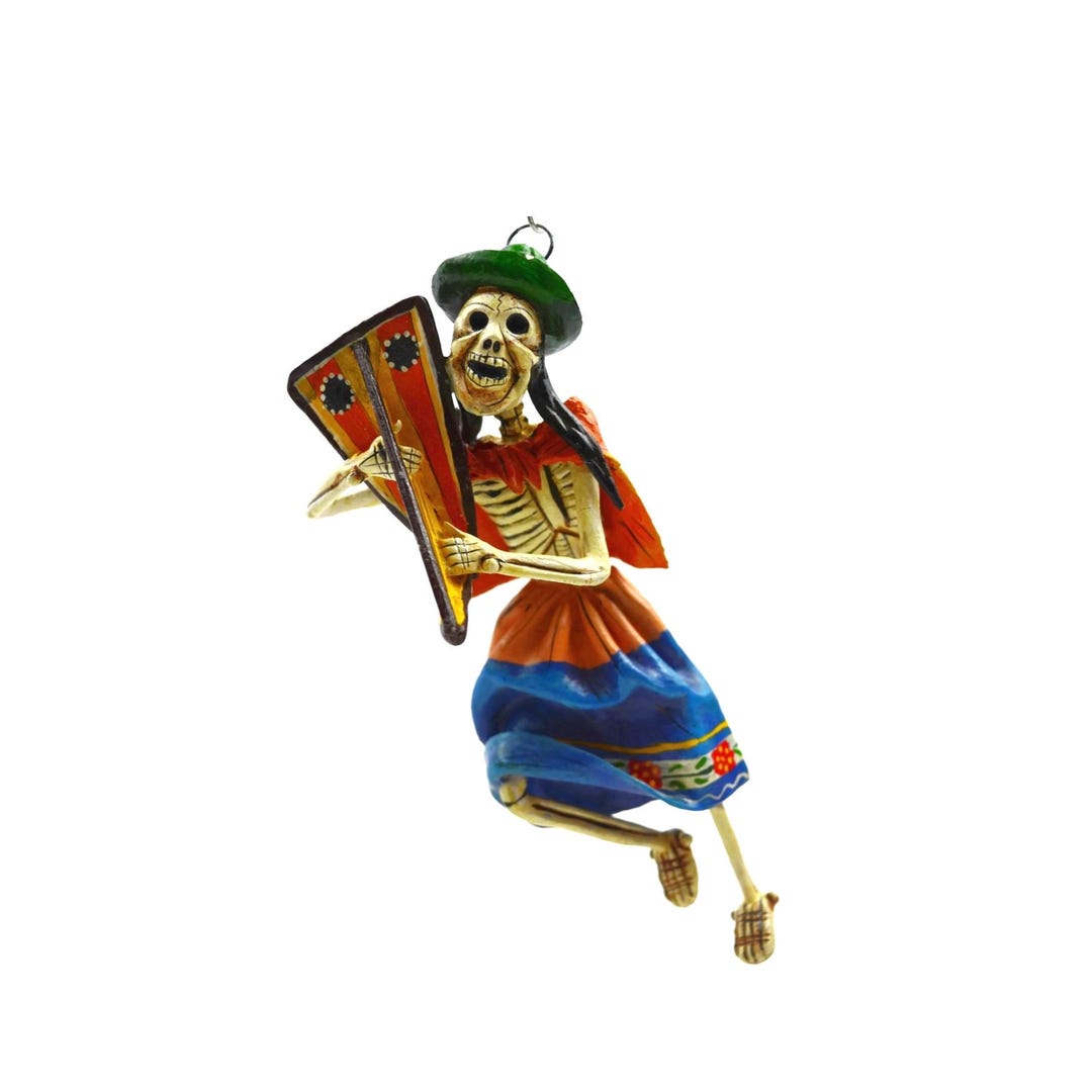 Handmade Dia De Los Muertos Folk Art, Skeleton Playing the Arp Hanging ...