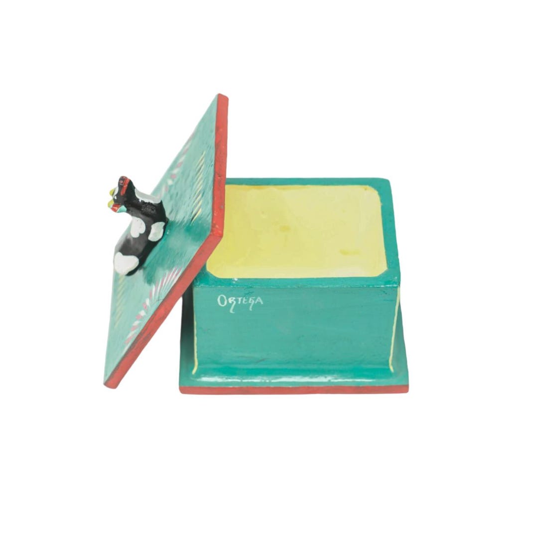 Handmade Mexican Folk Art, Green Clay Box With Resting Cow, Whimsical ...